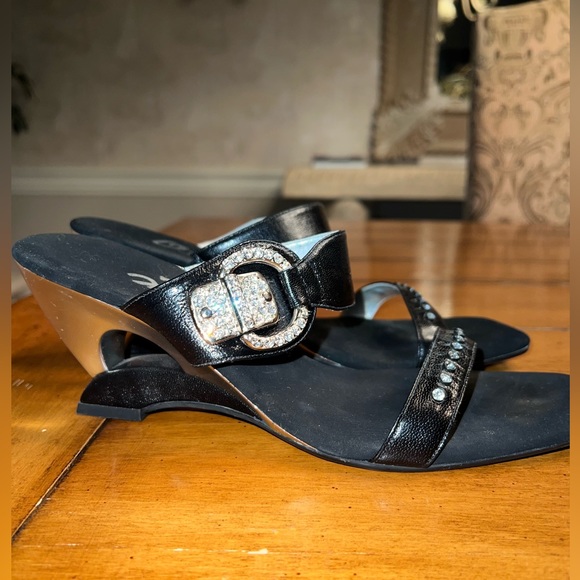 Onex | Shoes | Onex Black Rhinestone Encrusted 3 Wedge Sandals Size 39 ...